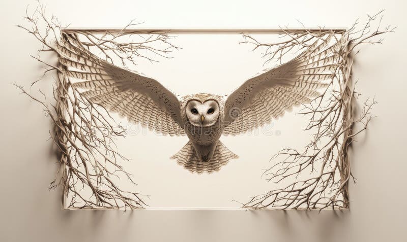 An Owl in Mid-flight, Wings Extending into Thin, Intricate Branches ...