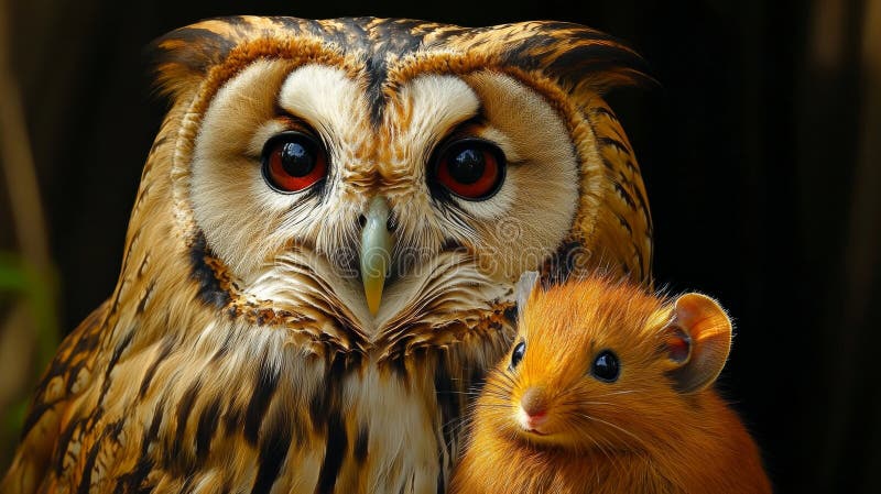 Owl and Mouse a Portrait Against a Black Background, Exploring Predator ...