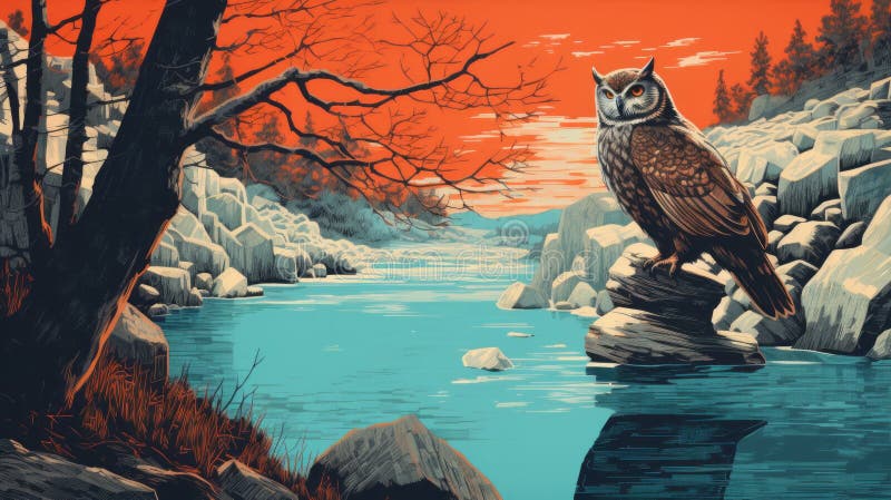 Owl Near Spring Water: a Stunning Image with Risograph Ra 8600 Texture ...