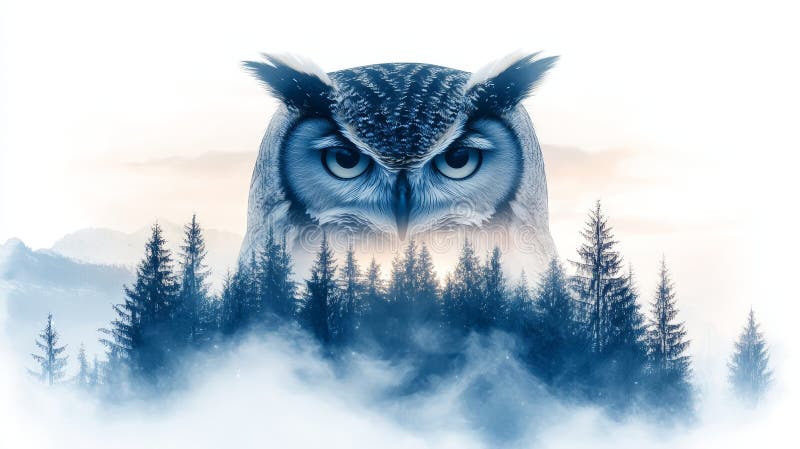 Owl Overlooking Misty Forest Double Exposure Stock Illustration ...