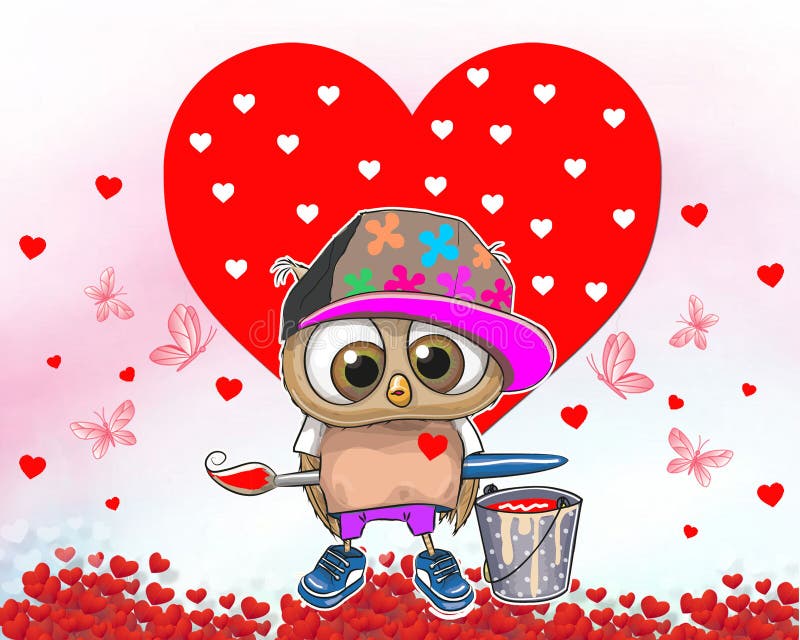 An Owl Painter Draws a Red Heart and Underneath a Large Group of Red ...