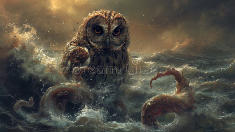 An Owl in a Painting with Octopus and Waves, AI Stock Image - Image of ...