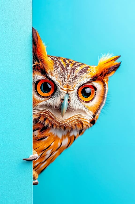 An Owl Peeking Out from Behind a Blue Wall Stock Image - Image of ...