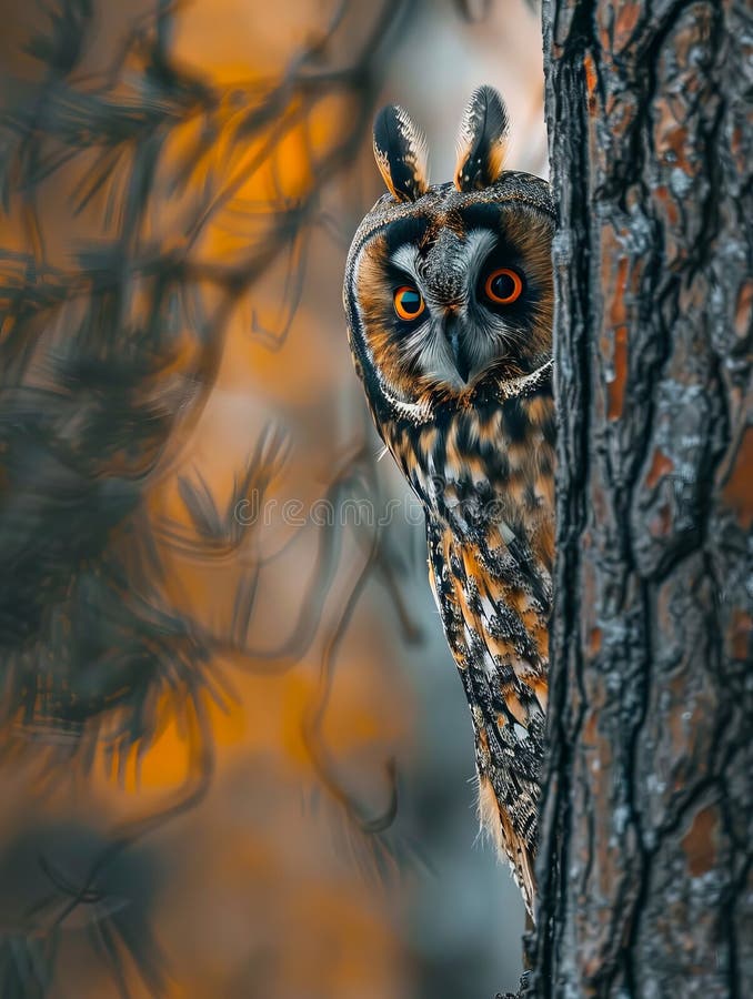 An Owl Peeking Out from Behind a Tree Stock Image - Image of facing ...