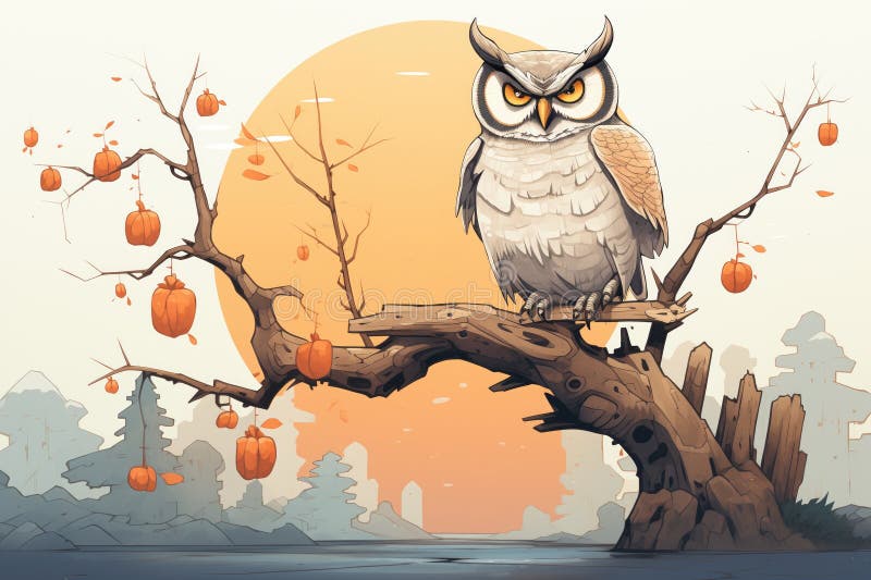 Owl Perched on a Branch, Full Moon Behind Stock Image - Image of ...