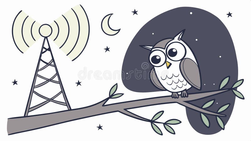 Owl Perched on a Communication Tower with Moon Night Technology Vector ...
