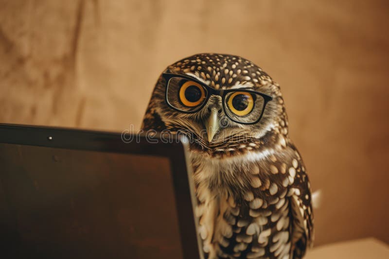 An Owl Perched in Front of a Laptop, Sporting Glasses, with a Plain ...