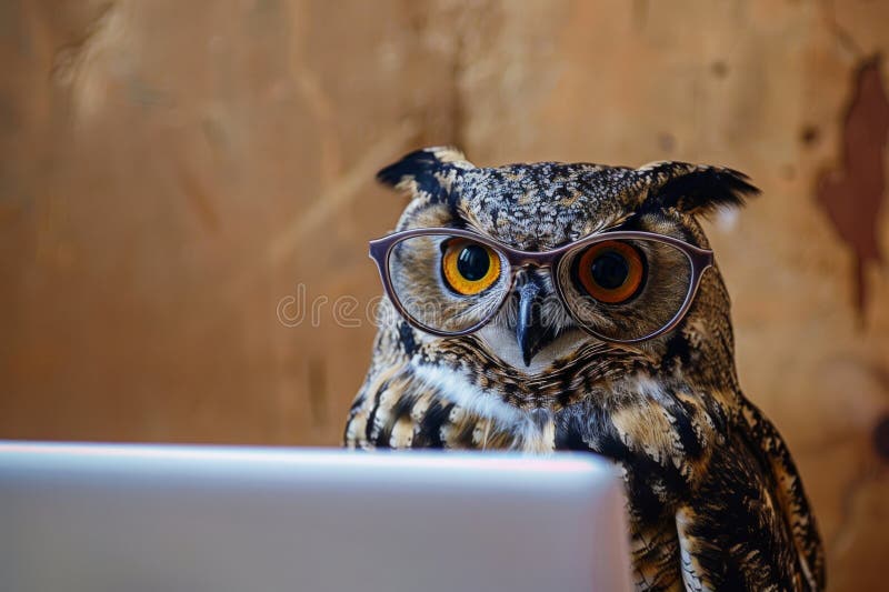 An Owl Perched in Front of a Laptop, Sporting Glasses, with a Plain ...