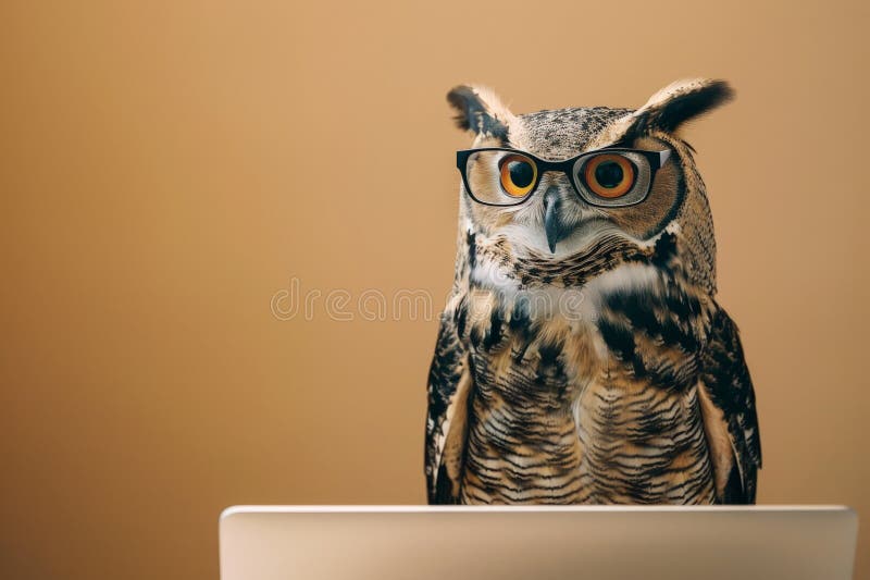 An Owl Perched in Front of a Laptop, Sporting Glasses, with a Plain ...