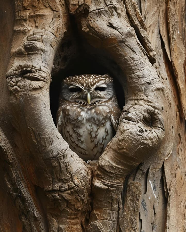 An Owl Perched Inside a Hollow Tree Trunk Stock Illustration ...