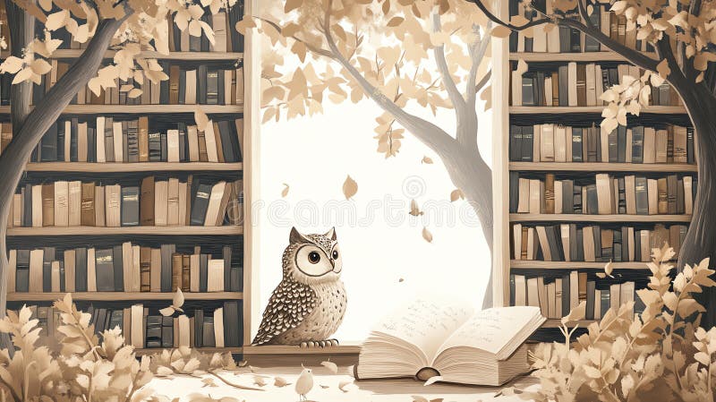 Owl Perched by Open Book, Cozy Library Scene Stock Illustration ...