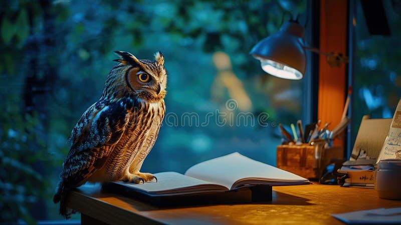 Owl Perched on Open Book on Desk at Night Stock Illustration ...