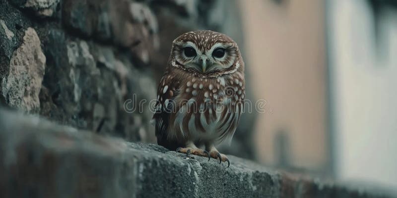Owl perched on stone wall stock photo. Image of bird - 378311446
