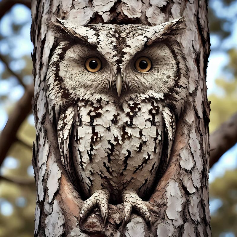 An Owl Perched on a Tree, Camuflaged in the Knotholes or Patterns of ...