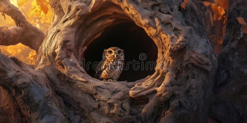 Owl Perched in Tree Hollow during Golden Hour with Autumn Leaves Stock ...