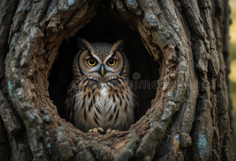 Owl Perched in a Tree Hollow during Golden Hour Light Stock Photo ...