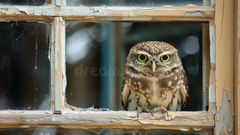 Owl Perched in a Weathered Window Frame Stock Illustration ...