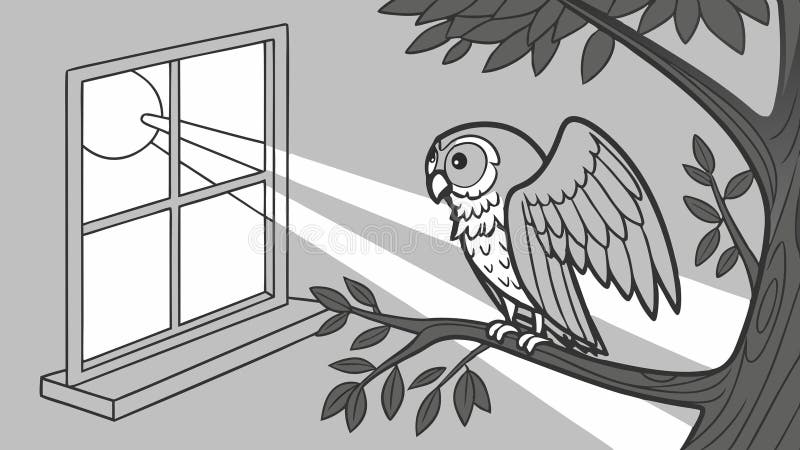 Owl Perched on a Windowsill Looking through an Open Window Vector ...