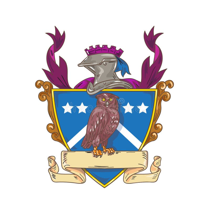 Owl Perching Knight Helmet Crest-Zeichnung Vektor Abbildung ...