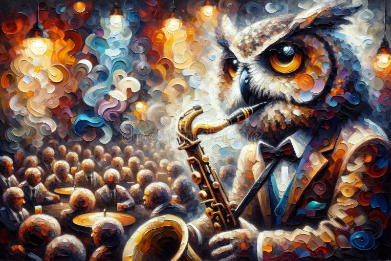 Owl Playing Saxophone in Front of Cheering Crowd Stock Illustration ...