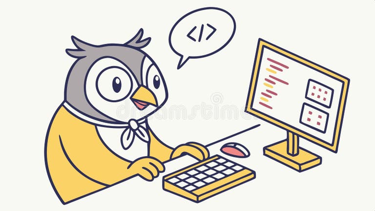 Owl Programmer at Desk, Coding Owl, Developer Bird, Cartoon Coder ...