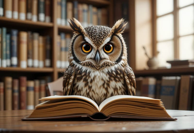 Owl Reading a Book in a Cozy Library Setting Stock Image - Image of ...
