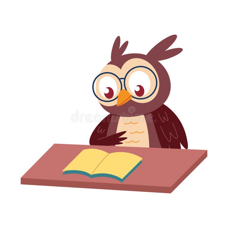 Owl Reading Book Table Smart Cartoon Wisdom School Learning Stock ...