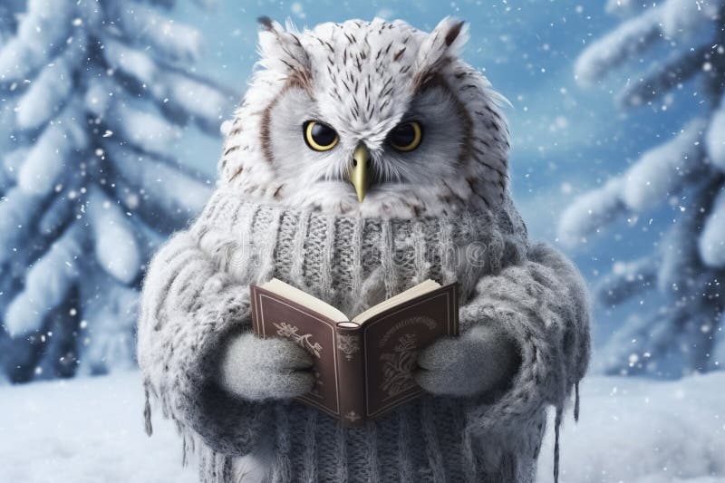 Owl Reading Book on Winter Landscape, Knowledge Concept Stock ...