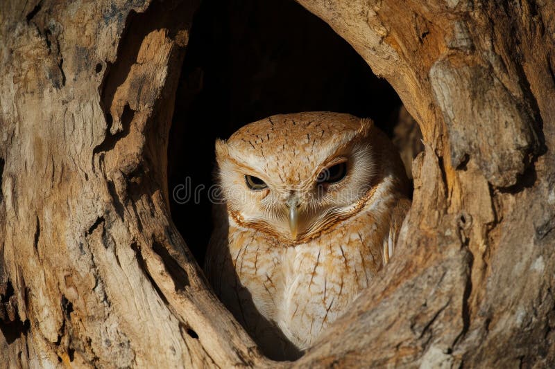 Owl Resting in the Hollow of a Tree Trunk during the Day Stock Image ...