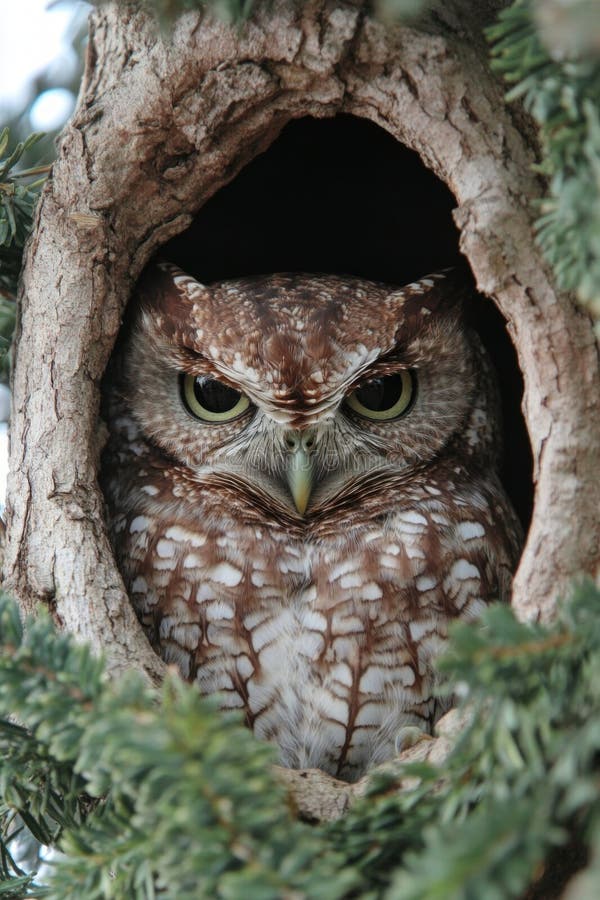 An Owl Rests in the Hollow of a Tree, Its Feathers Blending with the ...
