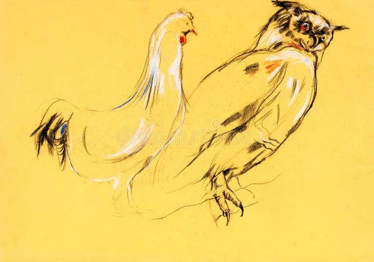 Owl and rooster painting stock illustration. Illustration of character ...