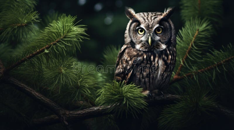 An Owl Sits on the Branch of Some Pines Stock Illustration ...
