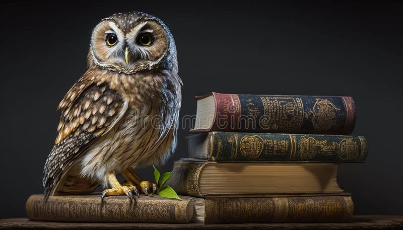 Owl Sits on a Stack of Vintage Books, Generative Ai Stock Illustration ...