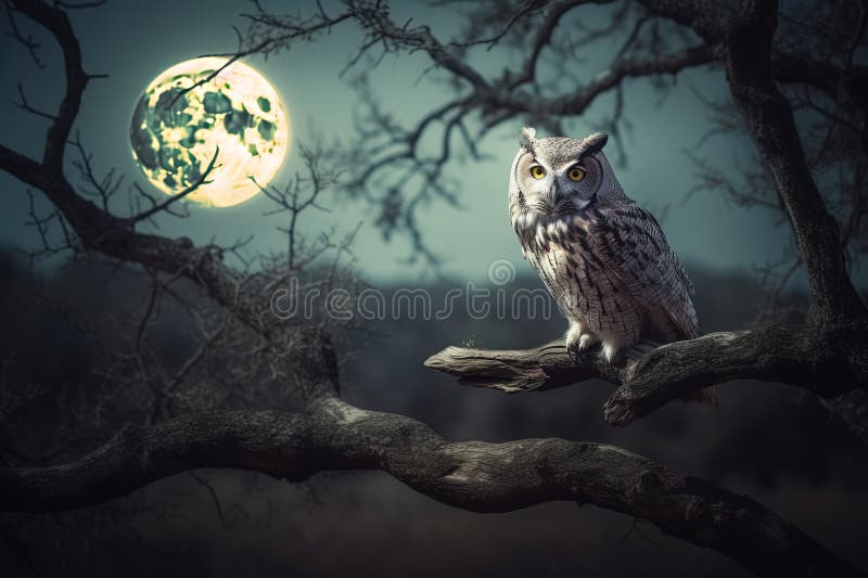 Owl Sits on a Tree Branch at Night the Full Moon Stock Illustration ...