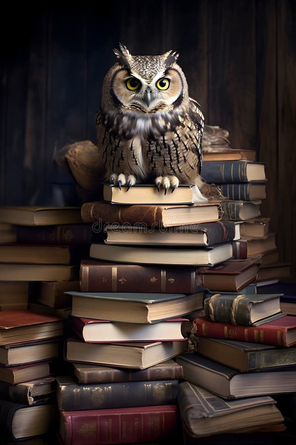Owl sitting on book piles. stock illustration. Illustration of ...