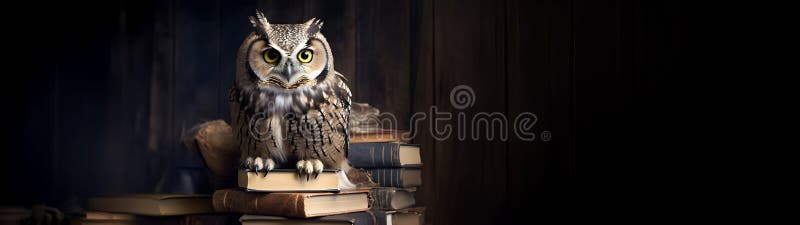 Owl sitting on book piles. stock illustration. Illustration of ...