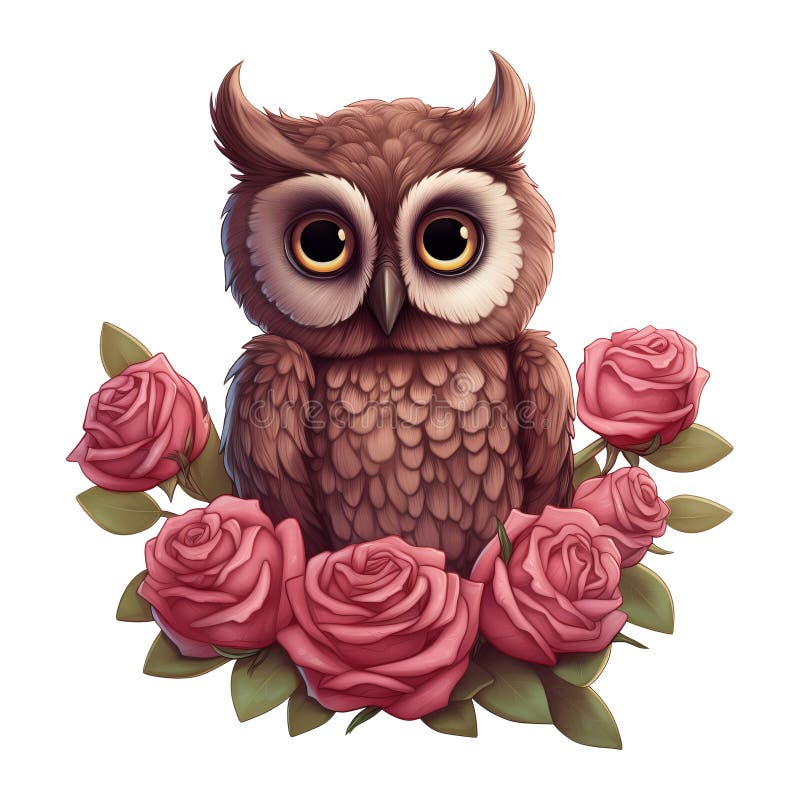 Owl Sitting on a Branch of Roses Stock Illustration - Illustration of ...