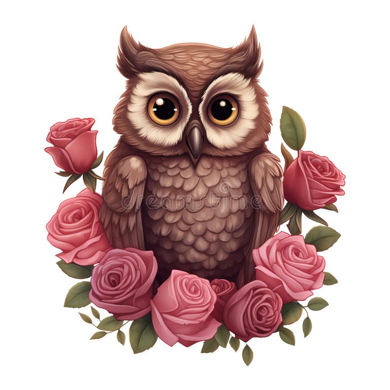 Owl Sitting on a Branch of Roses Stock Image - Illustration of cute ...