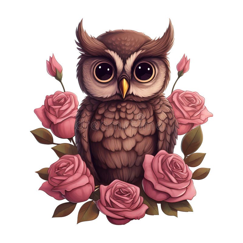 Owl Sitting on a Branch of Roses Stock Illustration - Illustration of ...
