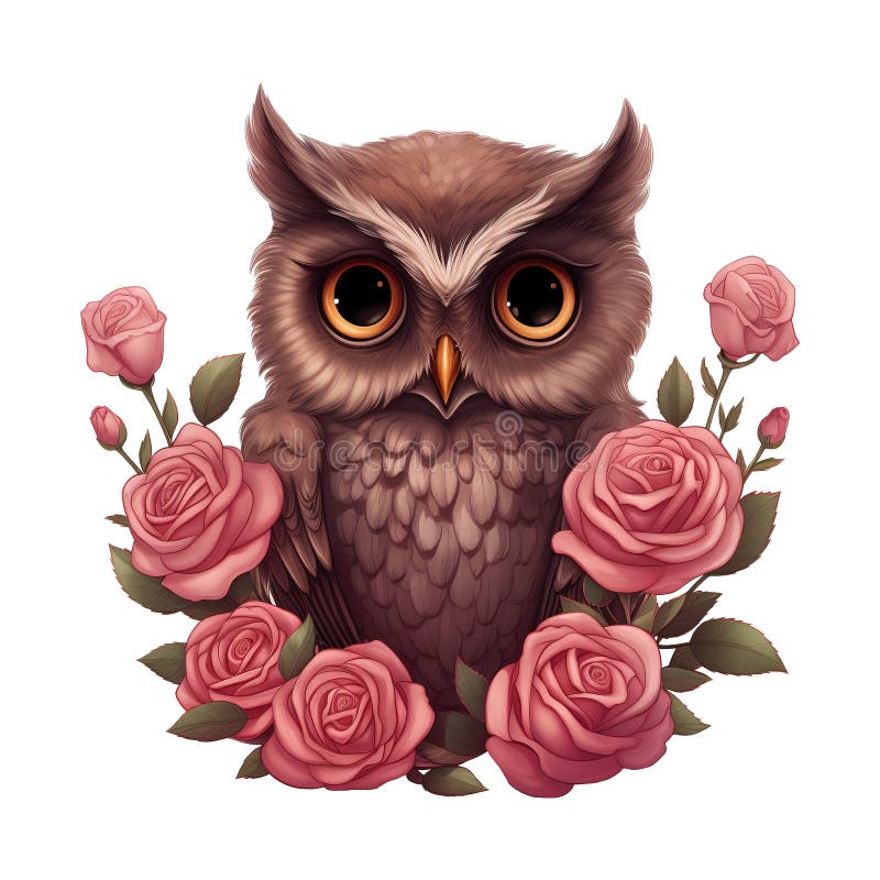 Owl Sitting on a Branch of Roses Stock Photo - Illustration of cute ...