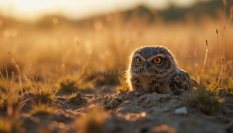 Owl Sitting on Ground at Sunset Stock Illustration - Illustration of ...