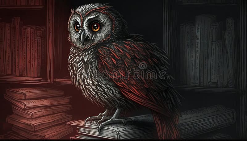 An Owl Sitting on a Stack of Books in Front of a Bookshelf. Stock ...