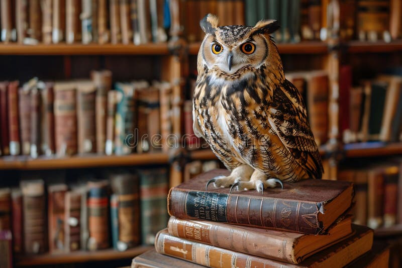 Owl Sitting on the Stack of Books Stock Illustration - Illustration of ...