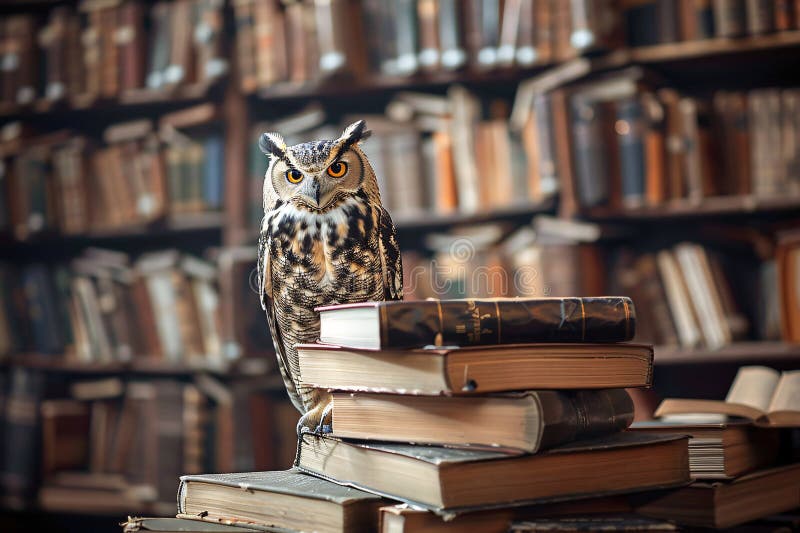 Owl Sitting on the Stack of Books in Library Stock Illustration ...