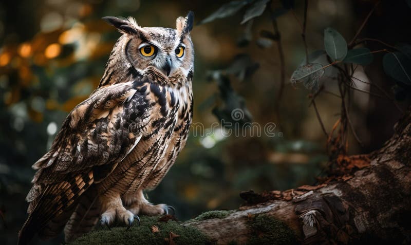 An Owl Sitting on a Tree Branch in a Forest Looking at the Camera with ...