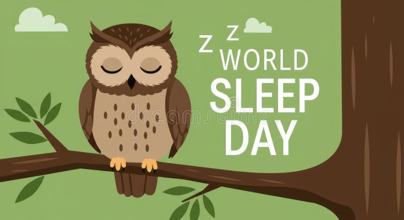 Owl Sleeping Peacefully on a Branch with a Green Background for World ...