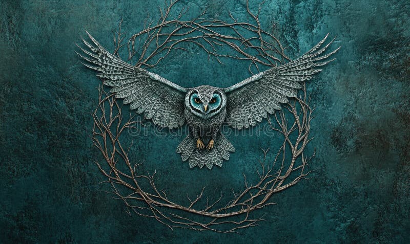 An Owl Soaring within a Circle of Branches that Fade into a Textured ...