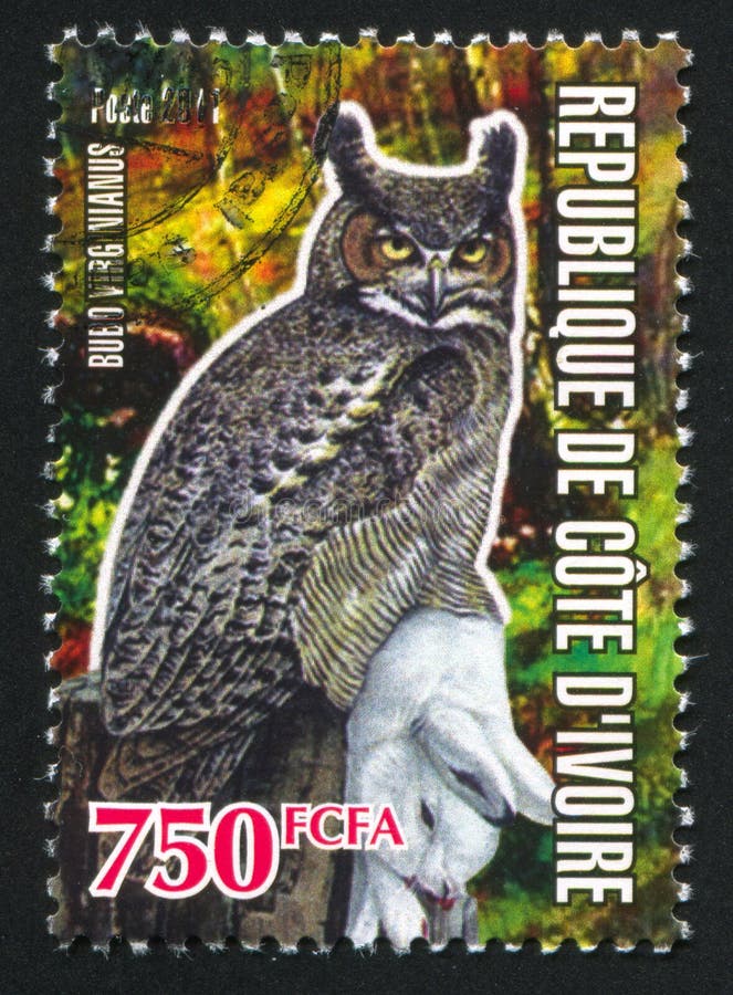 Owl Stamp Printed by Ivory Coast Stock Image - Image of wild, nocturnal ...