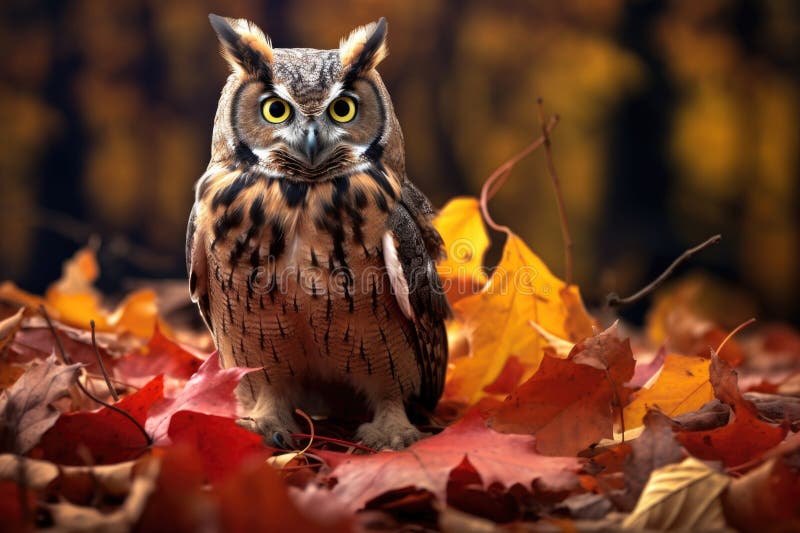 Owl Standing on a Forest Floor Covered with Autumn Leaves Stock Image ...