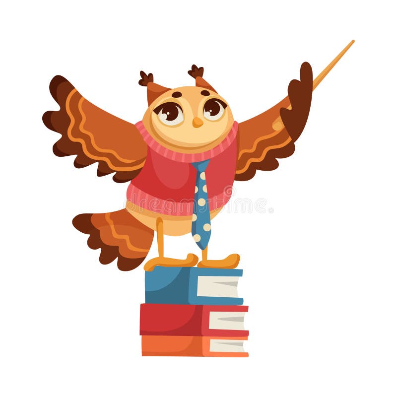 Owl Student on Pile of Books with Pointer Studying at School Vector ...